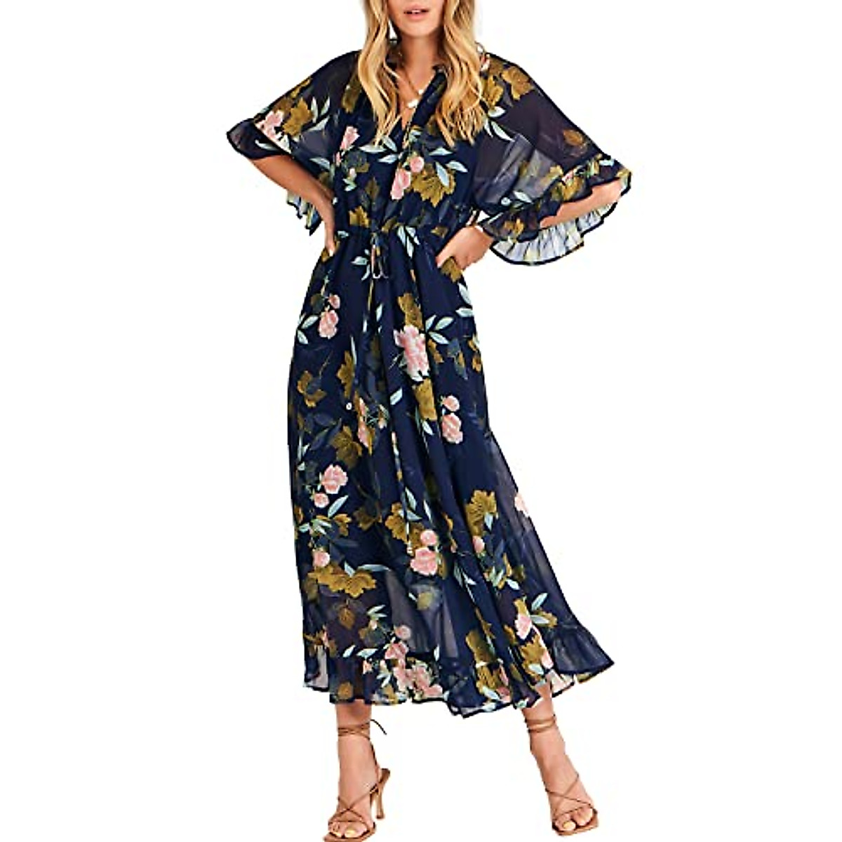 ANRABESS Women's Summer Ruffle Maxi Dress Floral Print 3/4 Bell Sleeve V Neck High Waist Flowy Boho Long Dress 746fenchahua-M