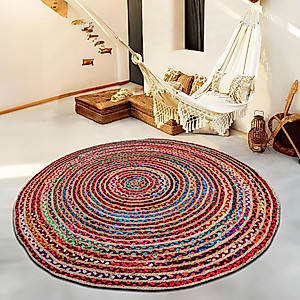 RIANGI - 4' Round Handwoven Jute Chindi Area Rug - Colorful Boho Rugs for Living Room - Hand Braided Multicolor Bohemian Rug for Farmhouse, Bedroom, Dining Room, Classroom, Hallway, Kitchen, Office