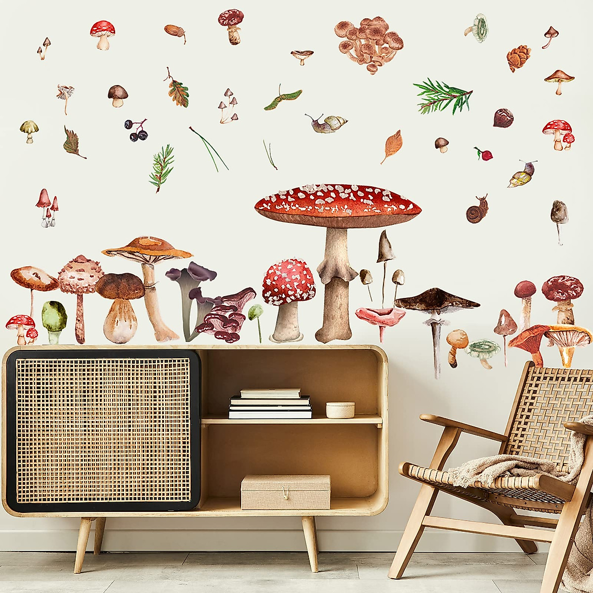 Glenmal 72 Pcs Watercolor Mushroom Wall Decals Giant Mushroom Decal Walls Peel and Stick Removable Mushroom Wall Decor Wallpaper Vinyl Wall Sticker for Bedroom Furniture(Retro Style)