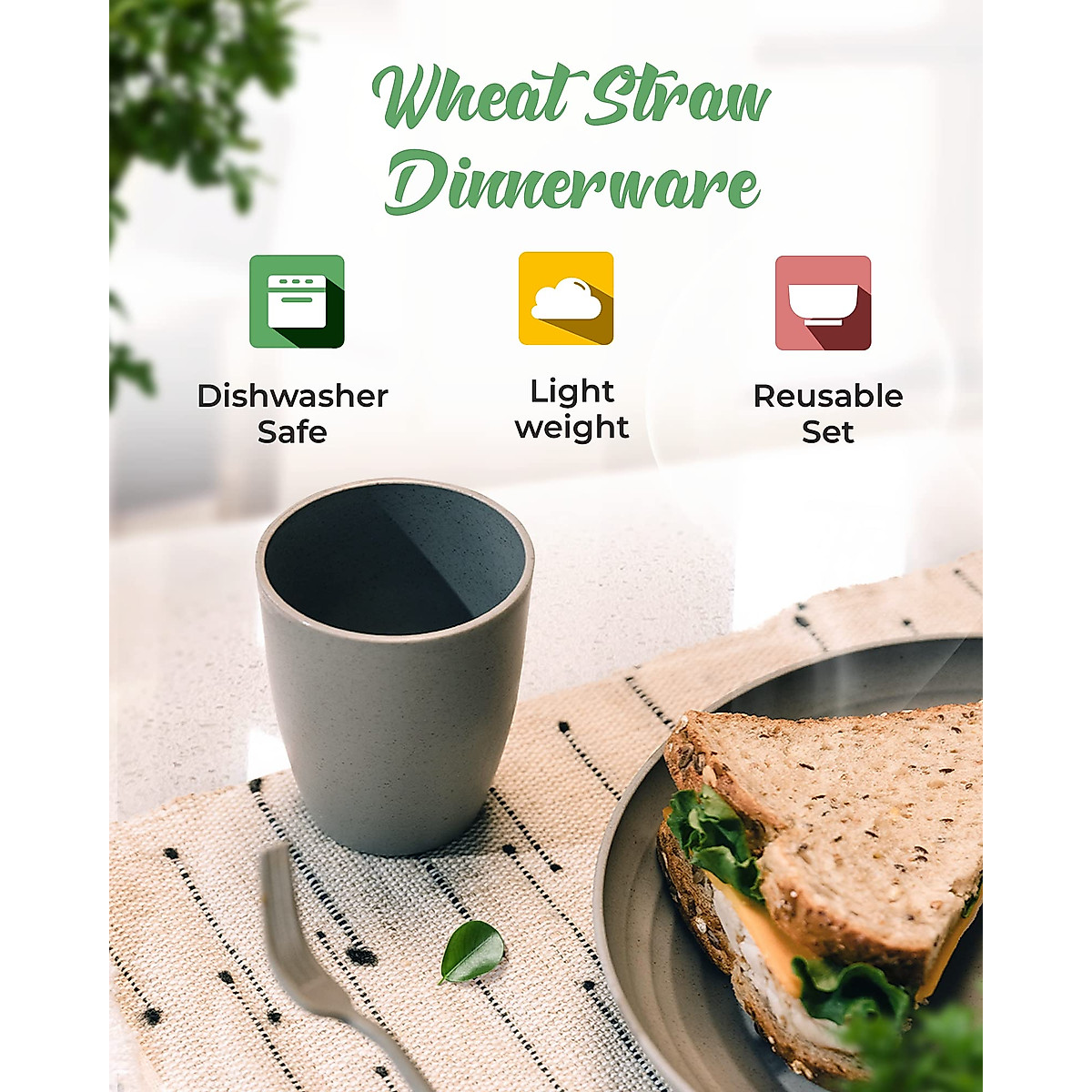 GREENDISH Wheat Straw Dinnerware Set 24-Piece - Cups, Plates and Bowls Sets for 4 with Reusable Cutlery Utensils - Unbreakable Wheatstraw Plastic Dinnerware Set with Fork Spoon Knife - Dishwasher Safe