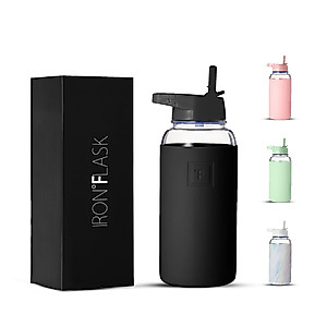IRON °FLASK Glass Sports Water Bottle - Straw Lid, Airtight Leak Proof, Vacuum Insulated, Bosilicate Glass, Silicone Sleeve, Retains Temperature - Midnight Black, 32 Oz