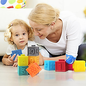 KIDPAPA Baby Blocks,16 PCS Baby Soft Building Blocks, Stacking Blocks with Shark Animals and Number, Educational Montessori Toys for Babies 6 to 12 Months and Up