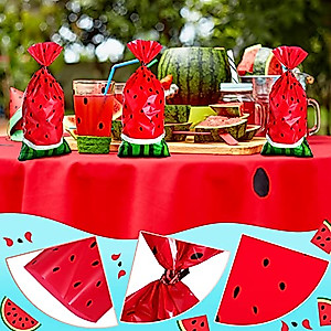 100 Pieces Watermelon Treat Bags Cellophane Bags Watermelon Party Bags Plastic Candy Bag with 200 Pieces Red Twist Ties for Watermelon Birthday Party Baby Shower Supplies (Red)