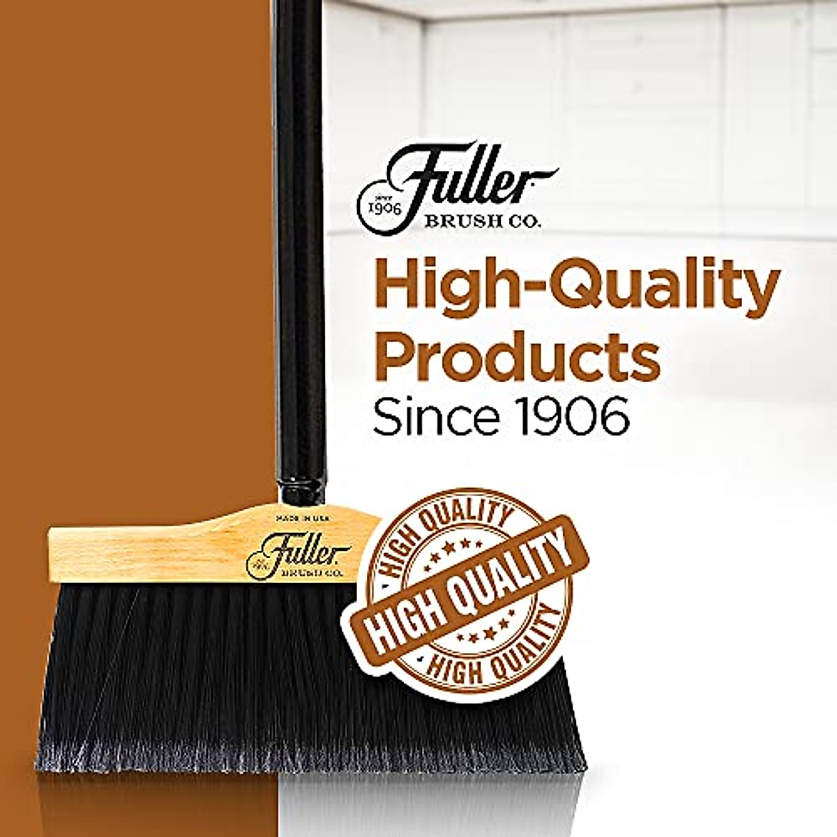 Fuller Brush Wooden House Broom - Heavy-Duty Wide Wood Sweeper Head with Long Bristles for Sweeping Indoor-Outdoor and 2-Pc Black Steel Handle - Available in 2 Sizes Perfect for Household & Yard Use