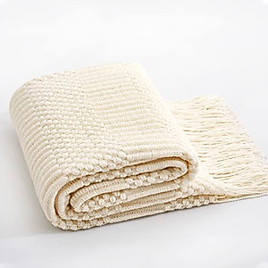 HommxJF Off White Knitted Throw Blankets for Couch, Bedroom and Officeroom,Textured Fade Resistant Soft and Warm Decorative Knitted Blankets with Tassel,50"x60"