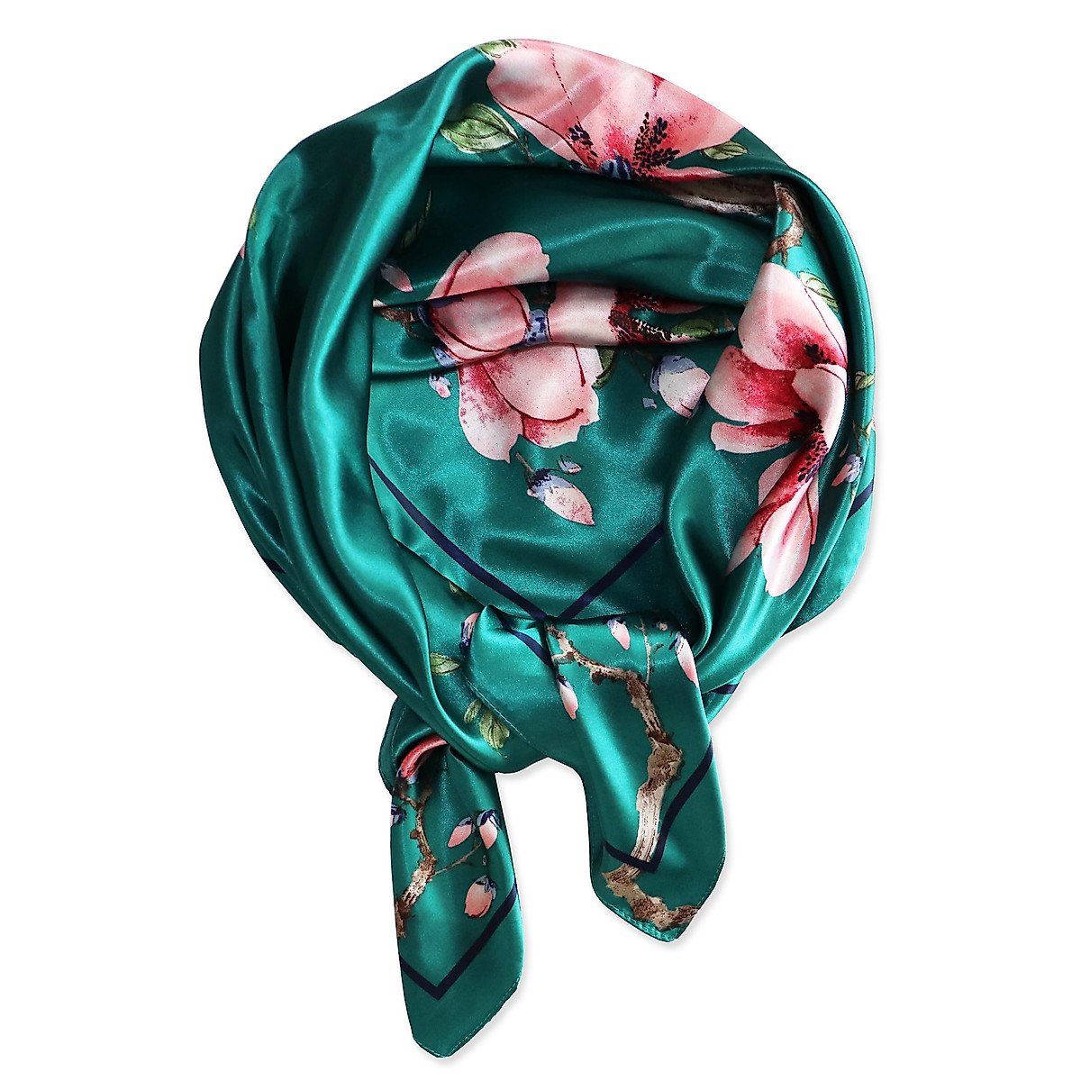 vabovin 35" Fashion Neckerchief Women's Silk Like Big Satin Square Hair Scarf Accessory (Blue Green Flowers)