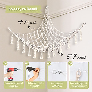 UNKENBO Stuffed Animal Storage Hammock - Macrame Toy Hammock with Photo Clips, Star String Lights, Space Saving Hanging Corner Stuffed Animal Net or Hammock, Boho Kids Bedroom Decor (Cream)