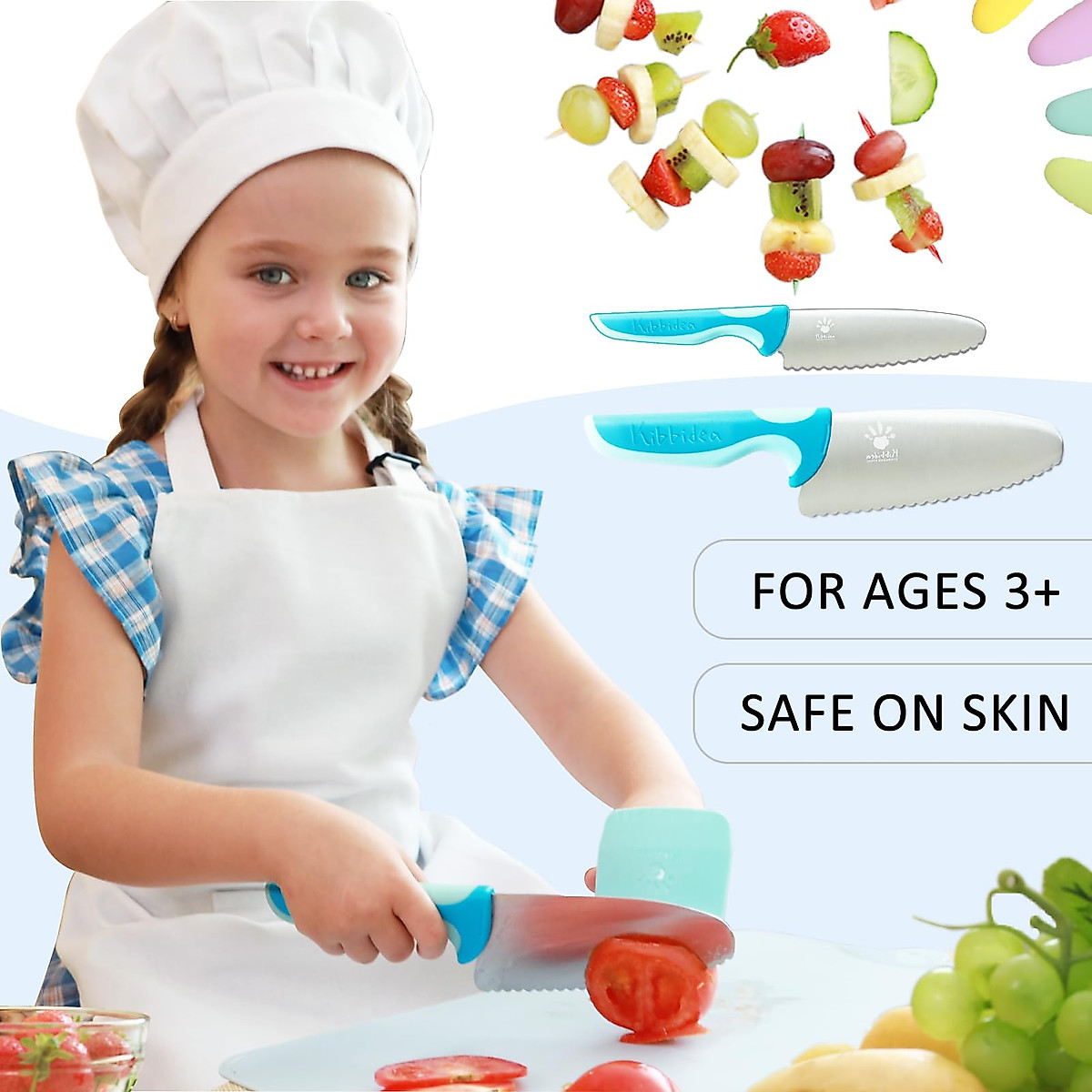Kibbidea 4 Pcs kids knife set for real cooking, Kids First Cutting Knife Set, Round Tip Kids Friendly Kitchen Knife, BPA-free Stainless Steel Kids Chef Knife to Learn to Cook (Blue)