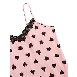Verdusa Women's Lace Trim Heart Print Cami Top and Pants Loungewear Pajama Set Pink S