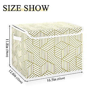 Oyihfvs Gold Abstract Geometric Cubes Foldable Cube Storage Basket Collapsible Fabric with Lidded Sturdy Handles Organizer Box for Home Bedroom 16.5 x 12.6 x 11.8 in