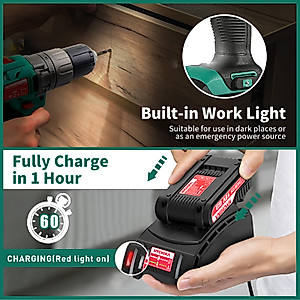Cordless Drill Driver and Impact Driver 20V, HYCHIKA Drill Combo Kit, 2x2.0Ah Batteries, 1H Fast Charging, 22PCS Accessories for Drilling Wood, Metal and Plastic