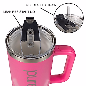 PURELY 40 oz Ceramic Lined Insulated Tumbler with Handle, Leak Resistant 2-way Lid and Straw, Ceramic Lined Travel Mug (Pink, 40oz)
