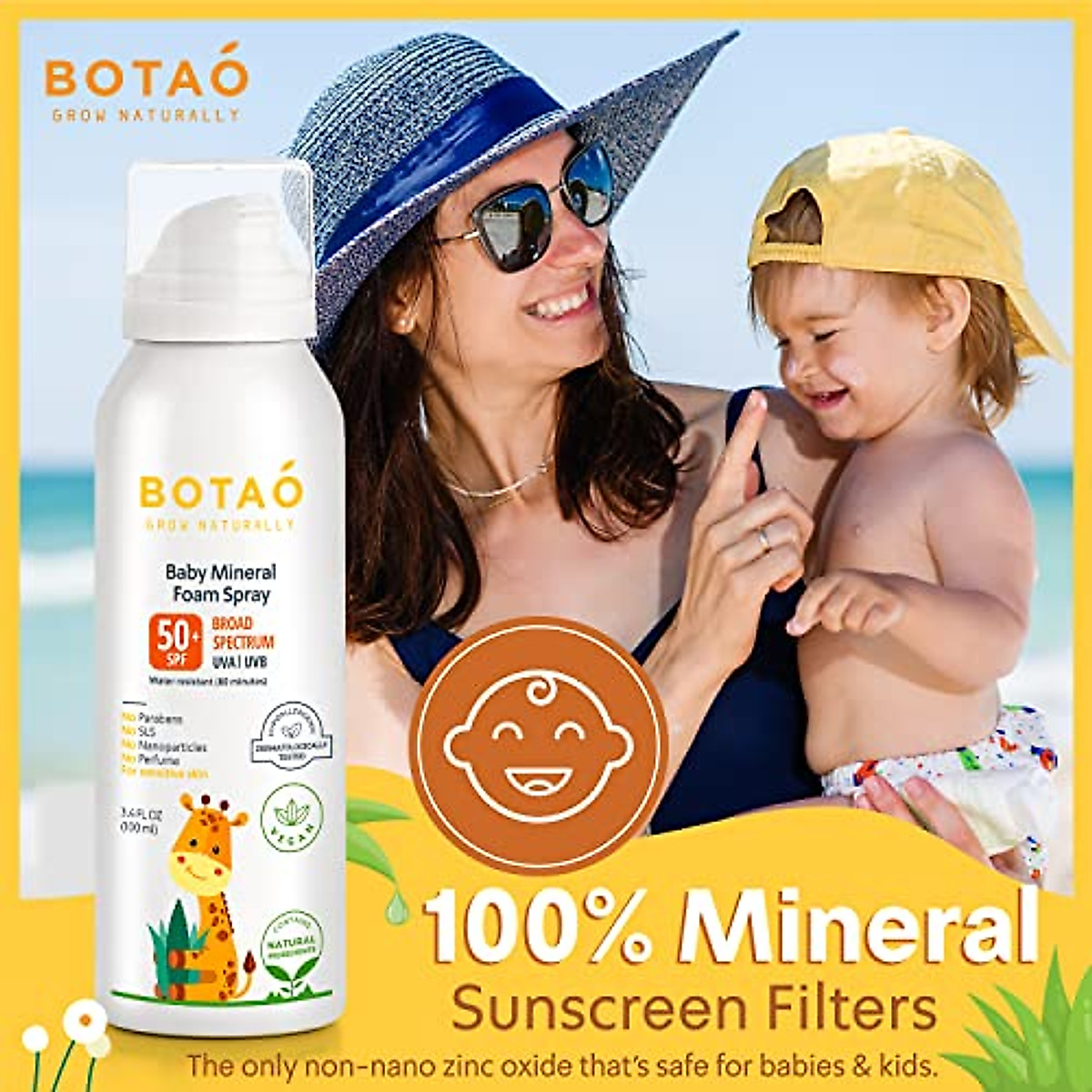 BOTAO BABY’S MINERAL SUNSCREEN FOAM SPRAY: SPF50 Broad Spectrum UVA UVB, Babies or Toddlers Sunburn Protection, Zinc Oxide, 3.4 Oz (1-Pack)