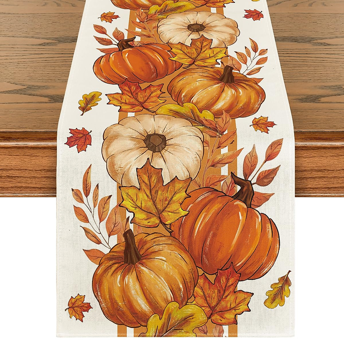 Artoid Mode Orange Pumpkin Maple Leaf Stripes Fall Table Runner, Seasonal Autumn Kitchen Dining Table Decoration for Home Party Decor 13x72 Inch