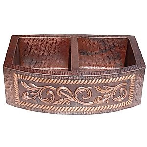 Rounded Apron Farmhouse Double Bowl Copper Kitchen Sink with Scroll Design and Rope Border (Dark, 36x22x9)