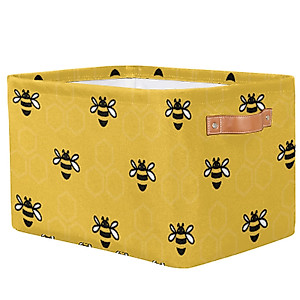 Storage Baskets with Handles, Bee Yellow Storage Cube Rectangular Fabric Collapsible Toy Storage Bin Organizer for Closet Shelf Laundry Nursery Kids Bedroom, 15x11x9.5 In,1 Pack