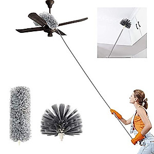 Microfiber Duster with Extension Pole 100'' + Microfiber & Domed Cobweb Double Replacement Heads Extendable Dusters