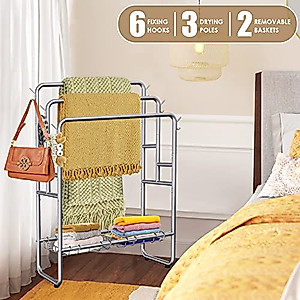 40" H Standing Towel Rack with 2 Storage Baskets & 6 Hooks, 3 Tier Silver Metal Towel Holder for Extra Large Towel, Modern Industrial Blanket Ladder Display and Drying Rack for Bedroom Bathroom