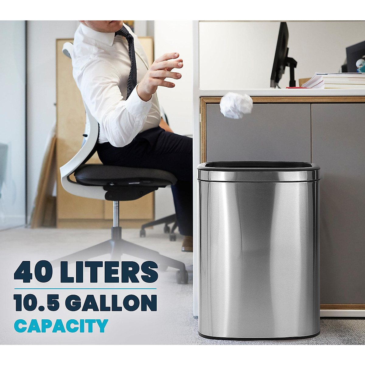 Alpine Industries 40 L / 10.5 Gal Stainless Steel Slim Open Trash Can - Compact Garbage Bin - Wide Access Top Slender Durable Receptacle with Sturdy Plastic Liner