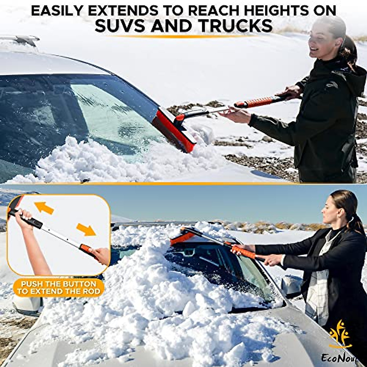 EcoNour 36″ 3 in 1 Extendable Snow Brush and Ice Scraper for Car Windshield | Telescoping 360° Snow Brush Pivoting Head | Window Ice Scraper for Snow Removal for Car, SUV, Truck Winter Car Accessories
