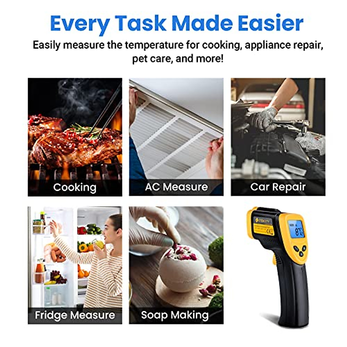 Etekcity Infrared Thermometer 774, Digital Temperature Gun for Cooking, Non Contact Electric Laser IR Temp Gauge, Home Repairs, Handmaking, Surface Measuring, -58 to 716 ℉, - 50 to 380 ℃, Yellow