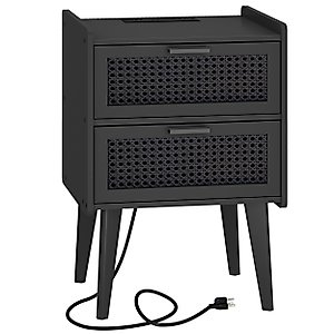 HHETOGOL Small Black Nightstand with Charging Station & 2 Rattan-Like Decor Drawers,Small End Table with Solid Wood Feet for Small Bedroom, Living Room, Natural, TTBZ02BKE