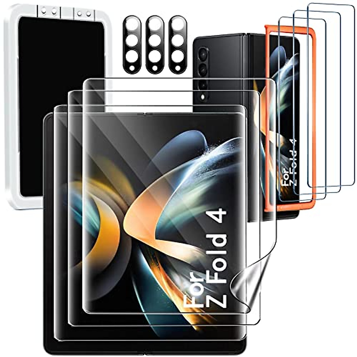 Milomdoi [9-in-1] for Samsung Galaxy Z Fold 4 5G Screen Protector [3 Pack Inside and 3 Pack Front] With 3 Pack Tempered Glass Camera Lens Protector with Mounting Positioner Accessories No bubbles