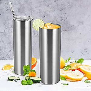 20 Oz Stainless Steel Skinny Tumbler, 6 Pack Double Wall Insulated Tumblers with Lids and Straws, Insulated Travel Water Tumbler Cup, Slim Vacuum Tumbler Travel Mug for Coffee Water Drinks, Silver
