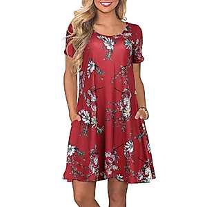 FZ FANTASTIC ZONE Women's Casual Summer T Shirt Dresses Short Sleeve Swing Dress with Pockets Floral Wine Red