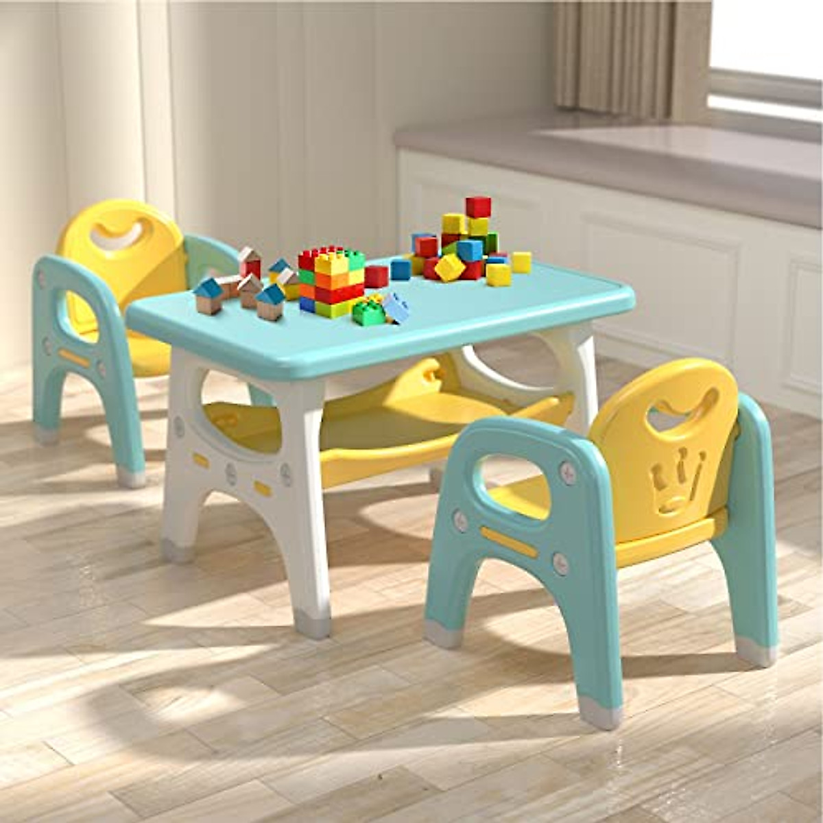 Elepude Kids Table and Chairs Set Plastic Durable Toddler Table and Chair Set -Children Activity Table and 2 Chairs for Drawing, Painting, Arts and Crafts, Gift for Boys Girls (Blue&Yellow)