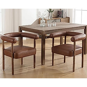 VESCASA Upholstered Dining Chairs with Natural Brush Wood Legs, Faux Leather Mid-Century Modern PU Dining Chairs with Curve Padded Open Back for Dining Room, Kitchen, Set of 2, Brown