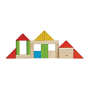 PlanToys Wooden Building Blocks - 40 Unit Blocks Natural and with Color (5513) | Sustainably Made from Rubberwood and Non-Toxic Paints and Dyes