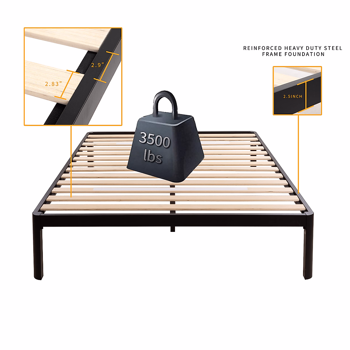 MAF 14 Inch Queen Platform Bed Frames with Wooden Slats, Black 3500 Lbs Heavy Duty Metal Bed Frame with Anti-Collision Round Legs, No Box Spring Needed, Easy Assembly