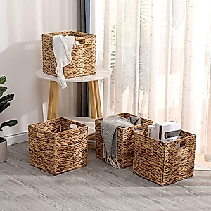 JCLD&YO9 Foldable Handwoven Water Hyacinth Storage Baskets Wicker Cube Baskets Rectangular Laundry Organizer Totes,Set of 4 Pcs,12x12x12inch