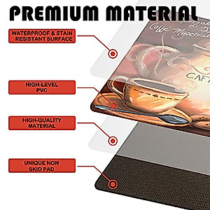 Coffee Kitchen Rugs Anti Fatigue Kitchen Rug Red Mocha Cup Decoration Cushioned Kitchen Mats for Floor Waterproof Non Skid Washable Standing Kitchen Mat, Set of 2,17.3 x 28+17.3 x 47 Inches, PVC
