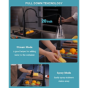 APPASO Black Kitchen Faucet with Soap Dispenser and Pull Down Sprayer, SUS304 Stainless Steel Commercial Single-Handle Spring Faucet for Kitchen Sink, Matte Black