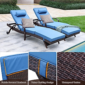 NOBLEMOOD Outdoor Lounge Chairs Set of 2 Beach Wikcer Chaise Lounge with Wheels, Cushion, Adjustable Backrest for Outside Pool Sun Shelf Tanning Bathing (Blue)