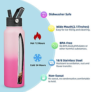BJPKPK Insulated Water Bottles with Straw Lid, 40oz Stainless Steel Metal Water Bottle with 3 Lids, Reusable Thermos, Keep Cold Hot for Sports, Gym-Cherry