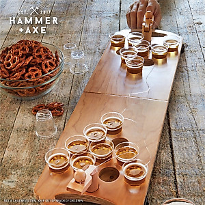 Hammer + Axe Mini Beer Pong Drinking Game, Portable Foldable Wood Tabletop Activity, Includes 25 Cups, 2 Balls, Carrying Bag, Tailgate College BBQ Party Game, College Dorm Gift, Alcohol Liquor Shots