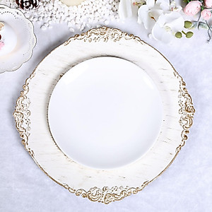 Efavormart 6 Pack White 13" Round Baroque Charger Plates Leaf Embossed Antique Gold Rim for Tabletop Decor Catering Event