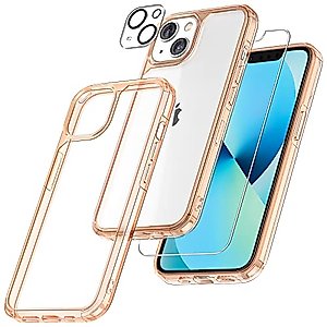 TAURI [5 in 1 Defender Designed for iPhone 13 Case, [Not-Yellowing] with 2X Tempered Glass Screen Protector + 2X Camera Lens Protector [Military-Grade Drop Protection] Shockproof 6.1 Inch Rose Gold