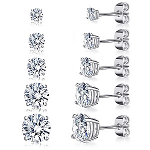 18K White Gold Plated Stud Earrings 4 Prong Round Cut Brilliant 3-7mm Cubic Zirconia Earring Studs (5 Pairs)
