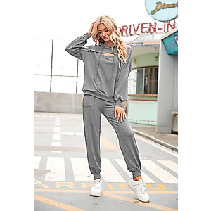 Pink Queen Women's Two Piece Lounge Set Sweatsuits Casual Fall Cutout Pullover Hoodies Tracksuit Ladies Running Active Drawstring Pants With Pockets Light Grey L