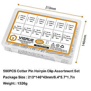 VIGRUE 500PCS Cotter Pin Assortment Kit Hitch Pin Zinc Plated R Clip Assortment Kit Fastener for Use on Hitch Pin Lock System