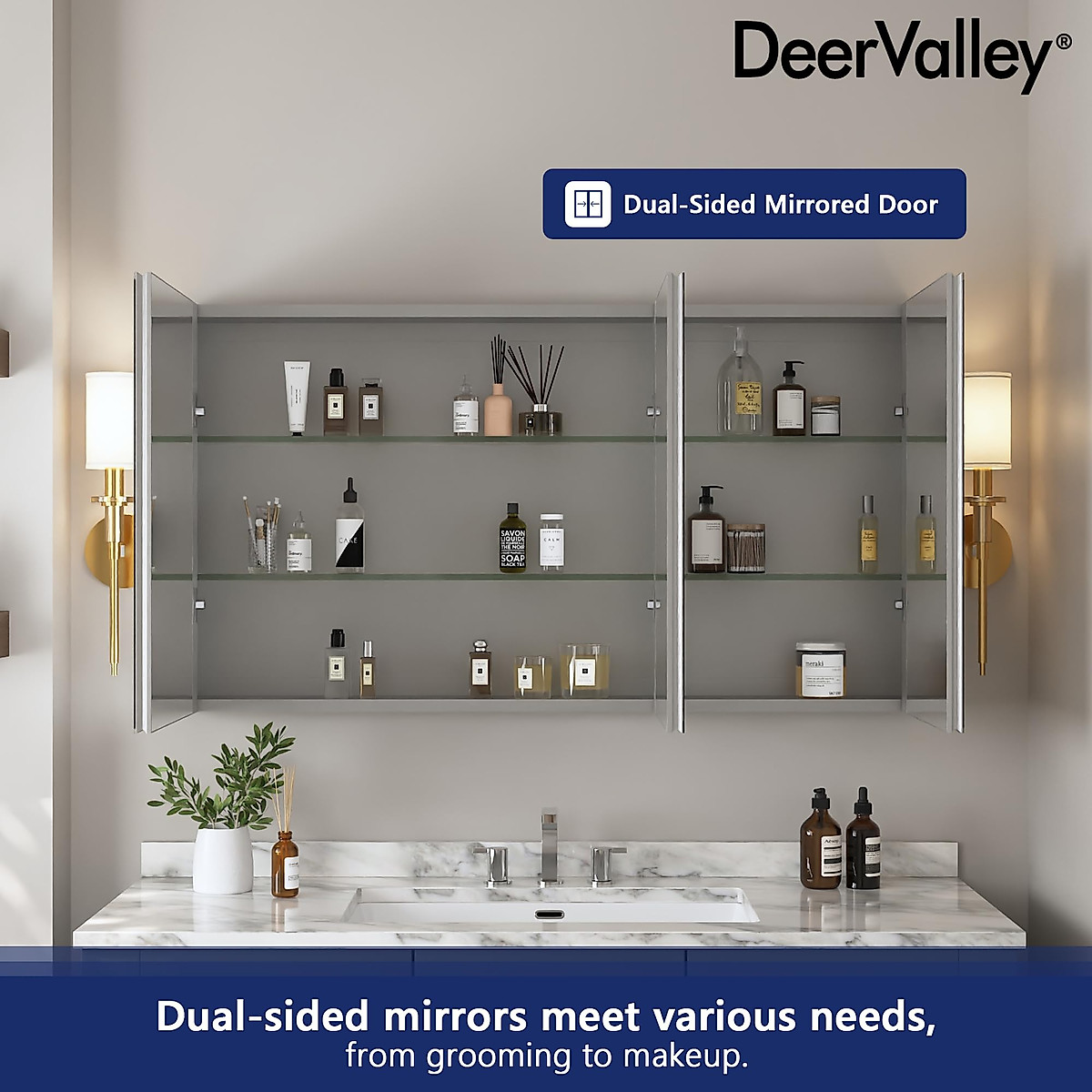 Deer Valley Medicine Cabinet with Mirror, 48" W x 26" H Bathroom Mirror with Storage, 3 Doors Frameless Modern Wall Mount Mirrored Medicine Cabinets with 2 Adjustable Shelves DV-1MC0149