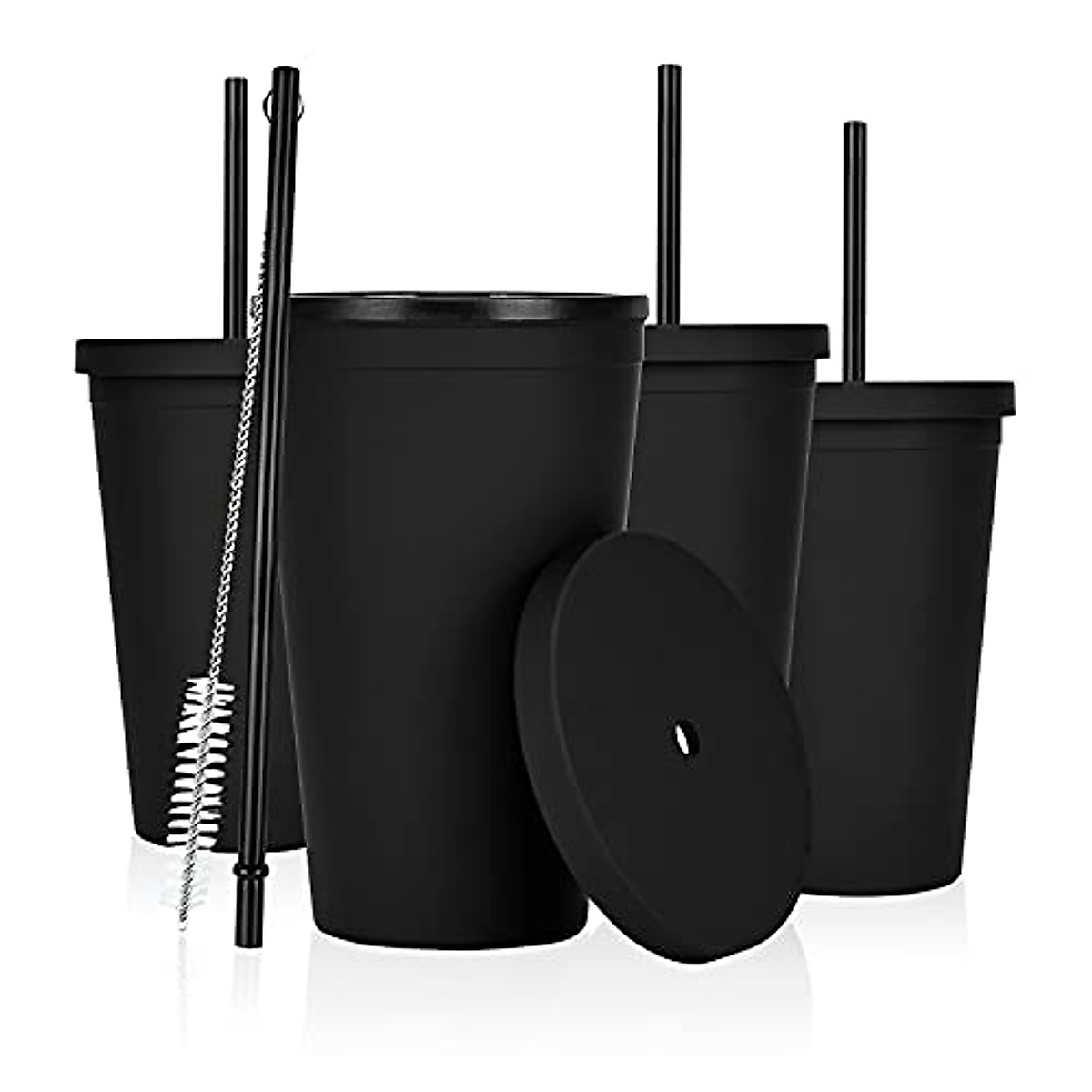 Waipfaru 4 Pack Acrylic Tumbler 16Oz, Acrylic Tumbler with Lids and Straws, Matte Colored Plastic Tumbler for Customized Gift, Double Wall Plastic Tumbler for Cold Hot Drinks (Black)