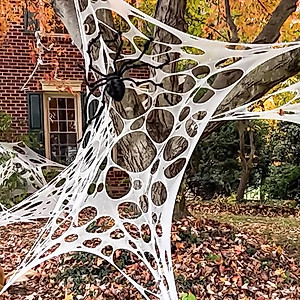 Beef Netting Spider Web for Halloween Outdoor Decoration White Stretchy Beef Netting Roll Spider Web with Purple LED String Lights for Light Up Scary Halloween Yard Garden Decorations