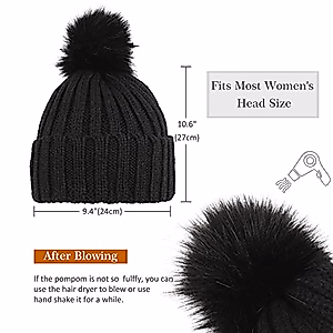 Muryobao Womens Winter Beanie Hat Warm Silk Satin Lined Cuffed Cable Knit Hat with Detachable Pom Ski Skull Cap Black