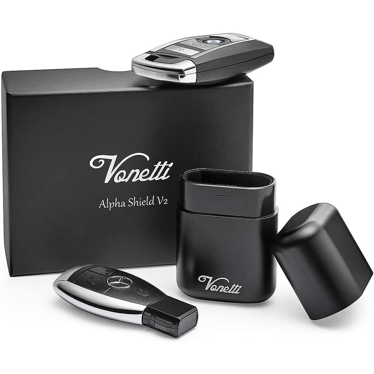 VONETTI Alpha Shield Bello - Premium RFID Signal Blocker Box - Smart Car Key Faraday Signal Protector, Keyless Go RFID Blocking Case, Crypto Wallet Safe Box, Signal Blocker Faraday Tin (Black)