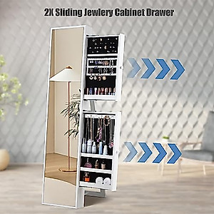 BOSTANA Standing Jewelry Organizer Armoire With 2 Push-Pull Jewelry Cabinet,Anti-trpinig Leaning Full Length Mirror,Body Mirror with 2 Jewelry Drawer For Girls,Women, Bedroom Decoration,Gift